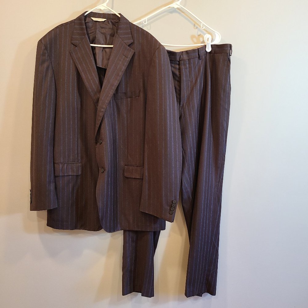 Samuelsohn Suit 50 Long Jacket Pants Brown Blue Strip… - Gem